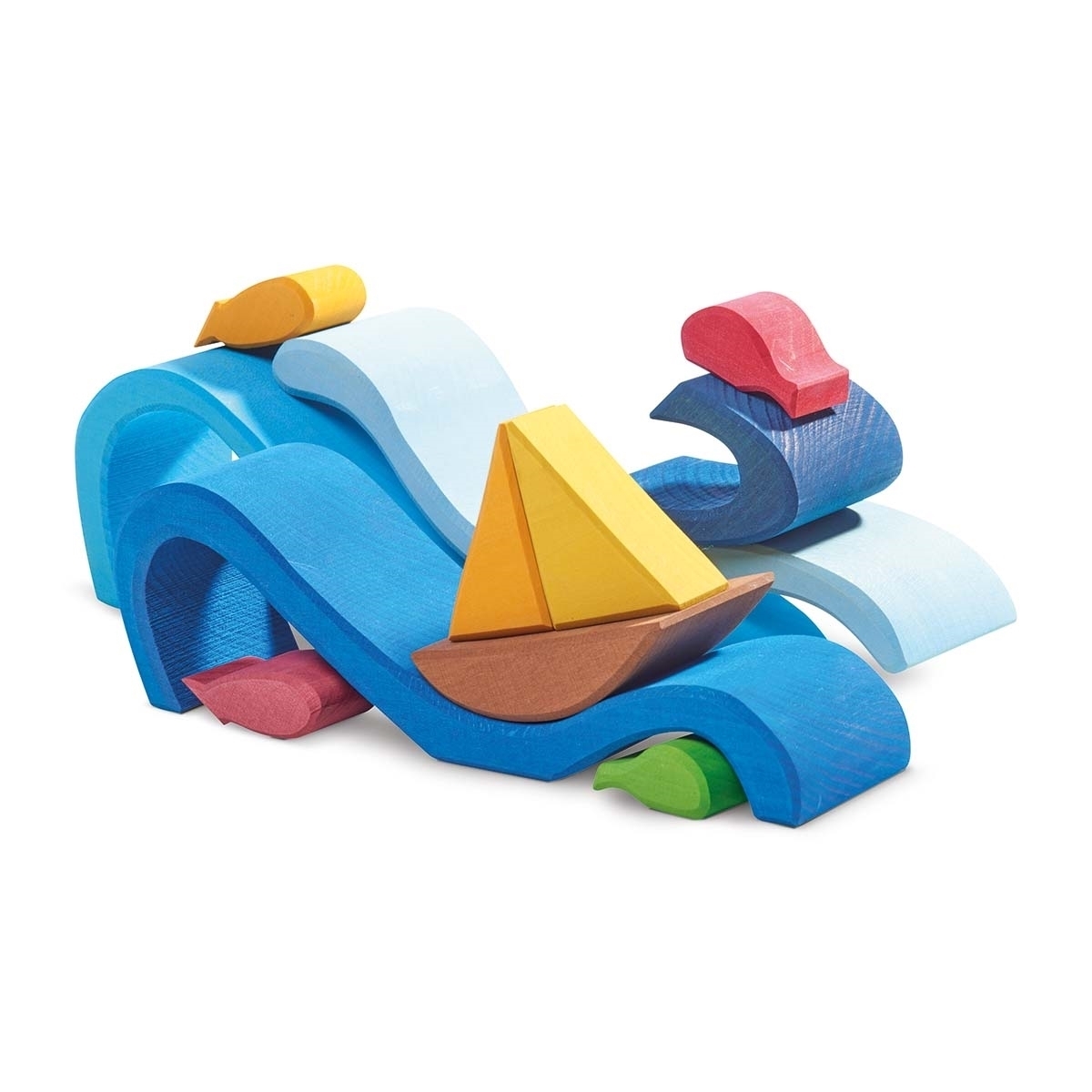 Wooden blocks in shapes waves, fishes and boat | Toy Estate